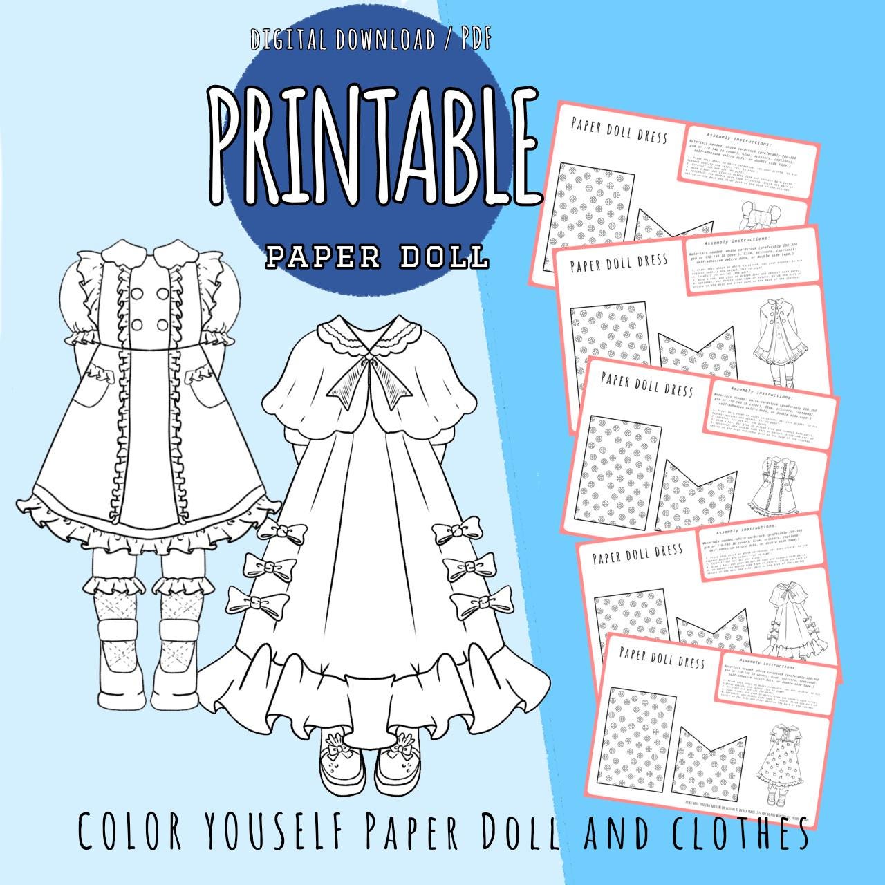 Printable Uncolored Paper Doll Set of Clothes Template, Digital ...
