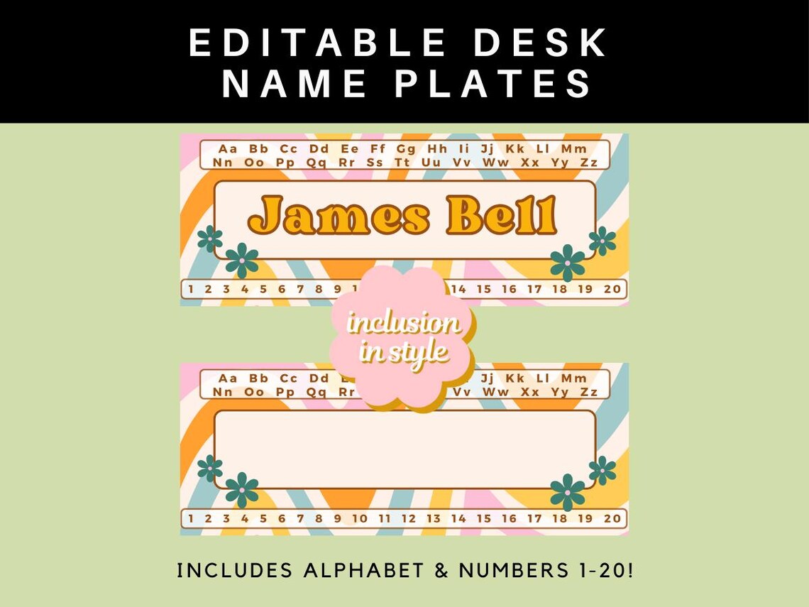 EDITABLE Groovy Retro Student Desk Name Plate I Name Tags Numbers ...