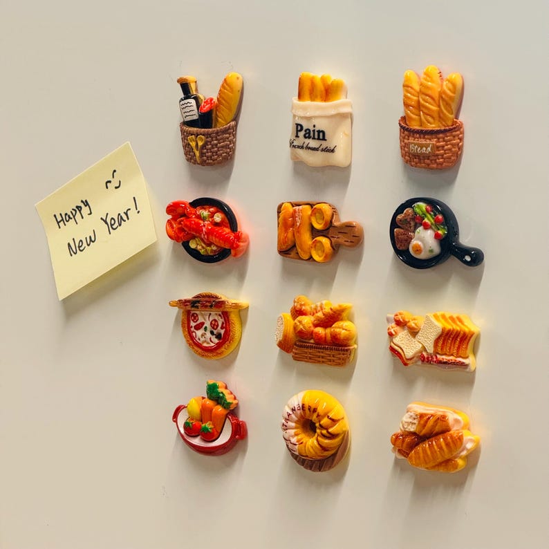 12 Pcs Handmade Food Magnet Set: Bread, Pizza, Seafood Refrigerator ...