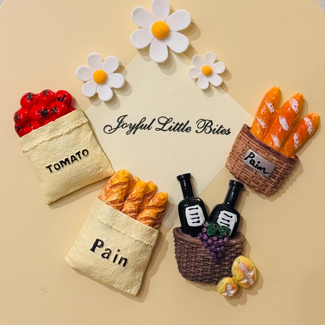 Food Magnet Set | French Bread, Wine Basket, Tomato Bag Magnets ...