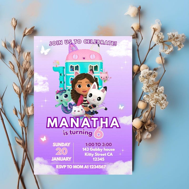 Editable Gabby's Dollhouse Invite Kids Birthday, Dollhouse Birthday ...