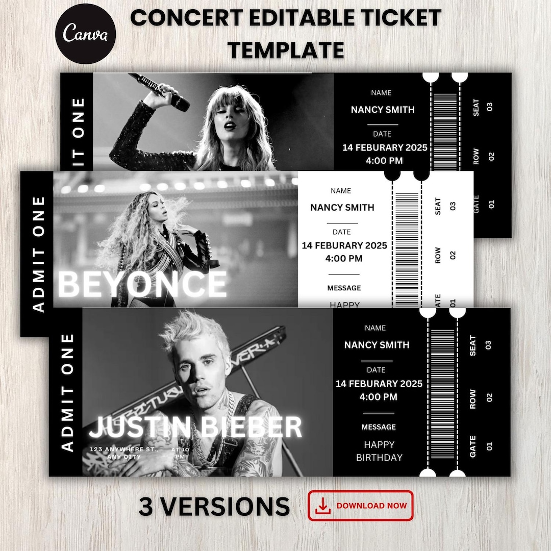 Editable Concert Ticket Template,custom Concert Ticket Gift,event ...