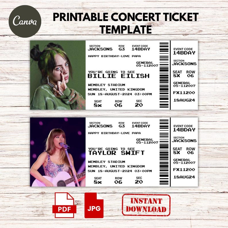 Editable Concert Ticket Template, Custom Concert Ticket Gift, Concert ...