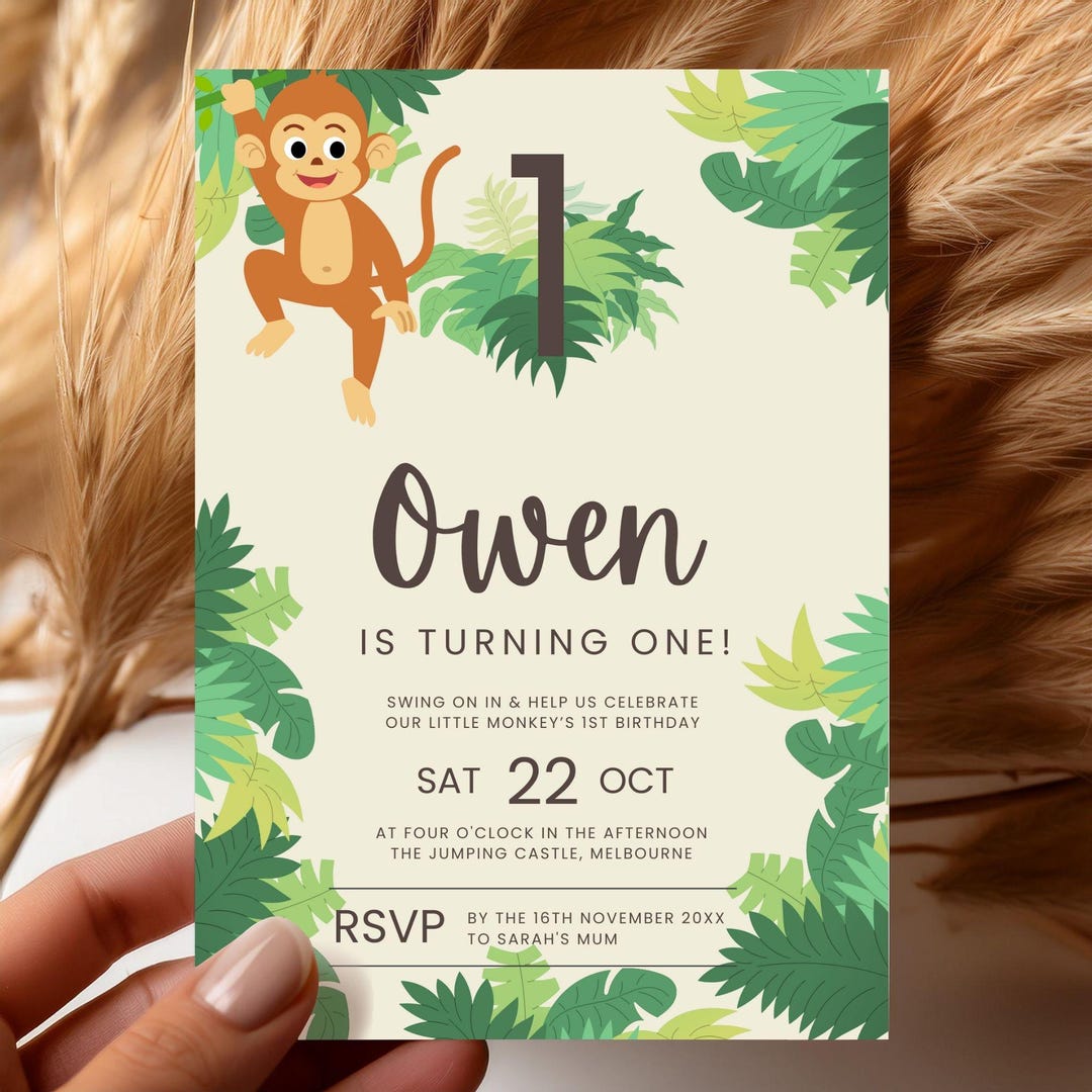 Monkey First Birthday Party Invite, Editable Printable Birthday ...