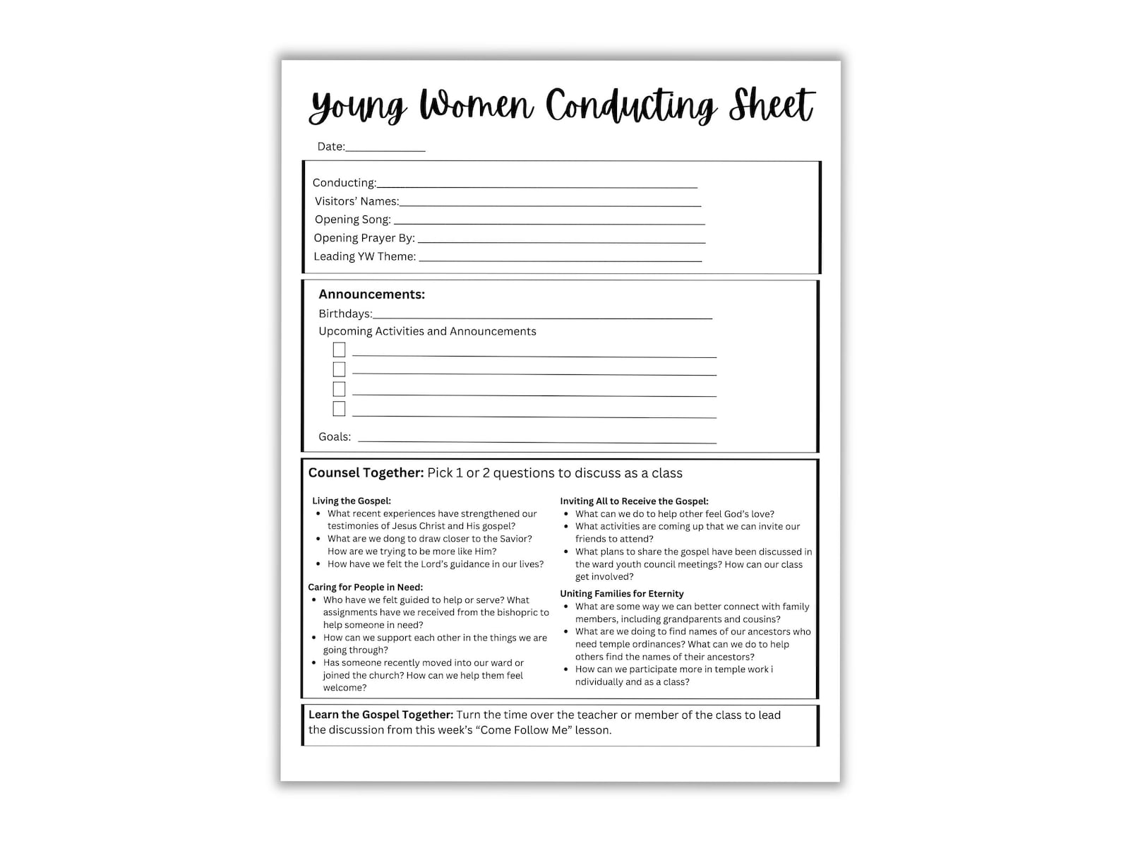 LDS Young Women Conducting Sheet- LDS Young Women Conducting Handout ...