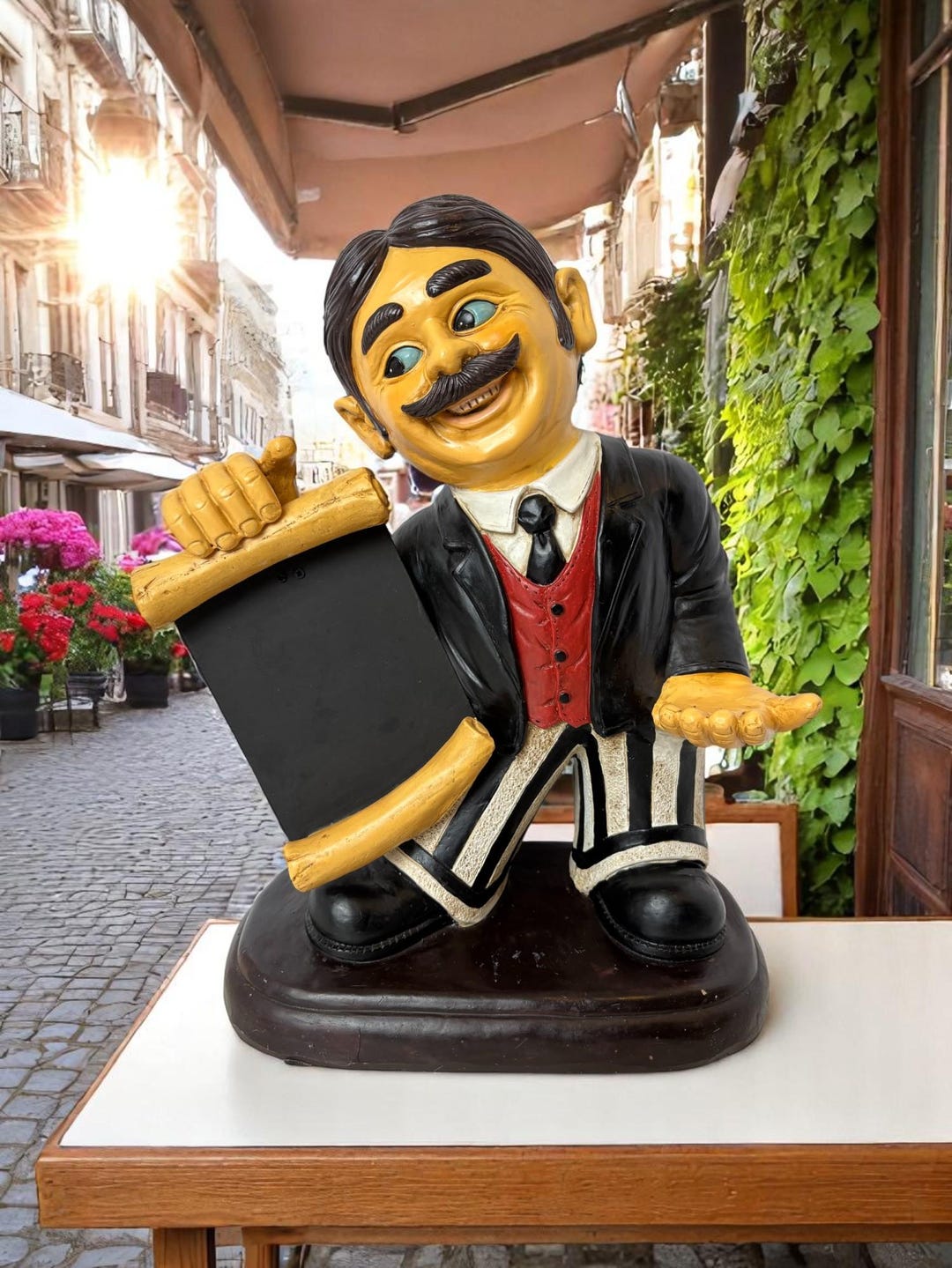 Vintage Waiter Figurine Holding Menu - Whimsical Bistro Decor ...
