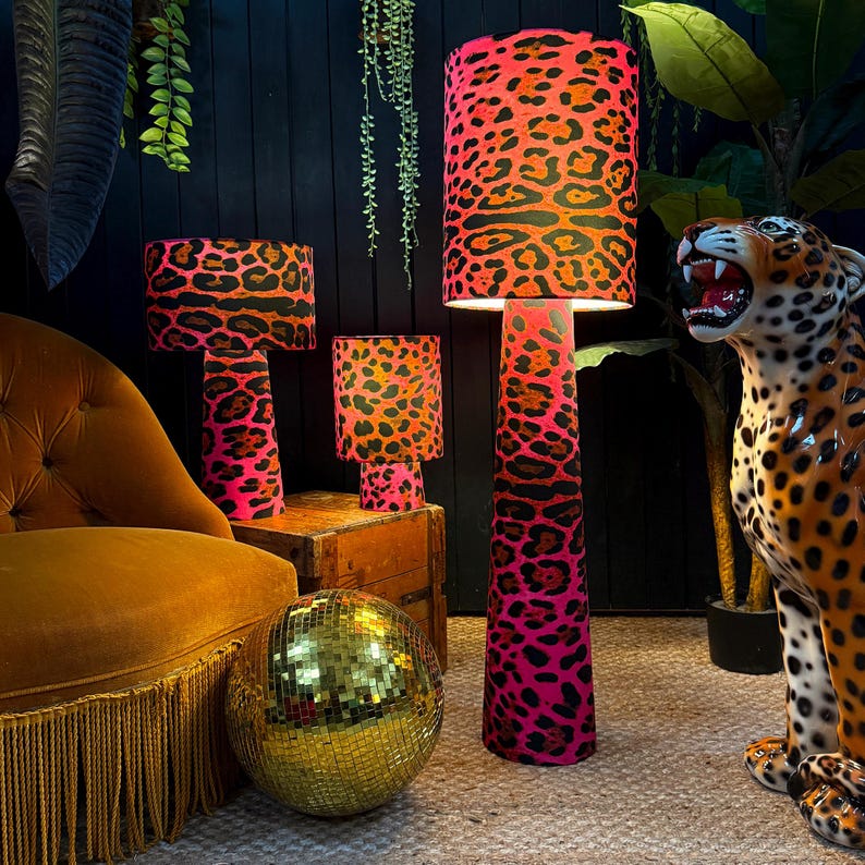 Handmade Velvet Neon Pink Leopard Print Portable Lamps. 3 Sizes ...