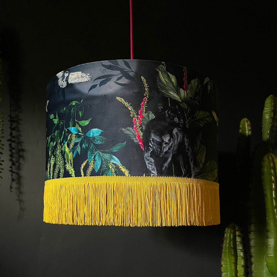 Handmade Fringed Deadly Night Shade Panther Lampshade in Carbon Black ...