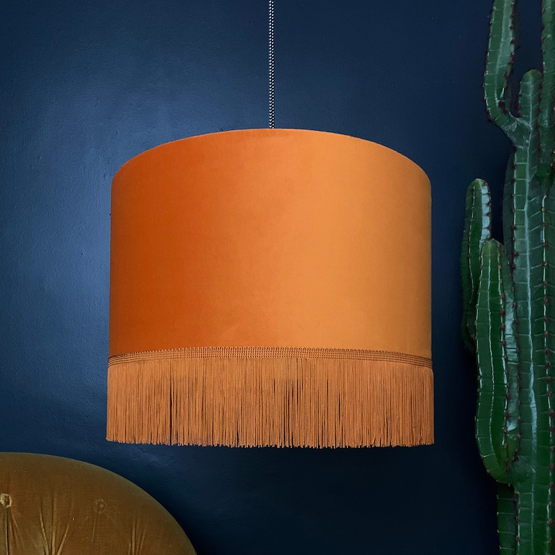 Rust Orange Velvet Lampshade With Gold Lining & Orange Fringing - Etsy