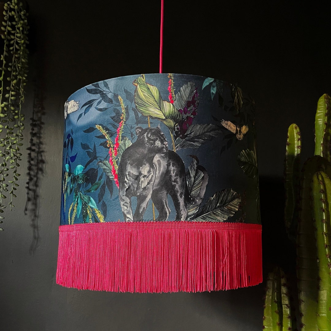 Smoke Blue Deadly Night Shade Panther Lampshade With Hot Pink Fringing ...