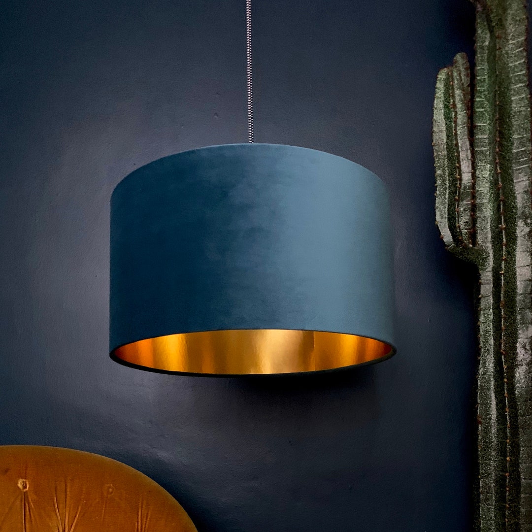 Flint Blue Velvet Drum Lampshade With Gold Lining. Handmade to Order in ...
