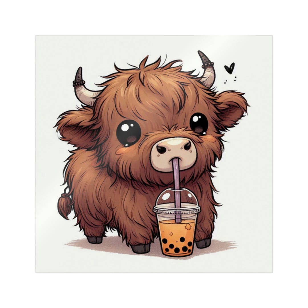 Highland Cow Drinking Boba Die-cut Stickers - Cute Animal Sticker, Fun ...