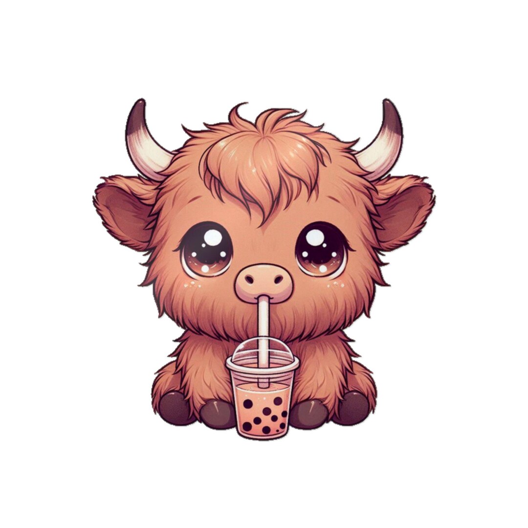 Highland Cow Drinking Boba Die-cut Stickers - Cute Animal Sticker, Fun ...