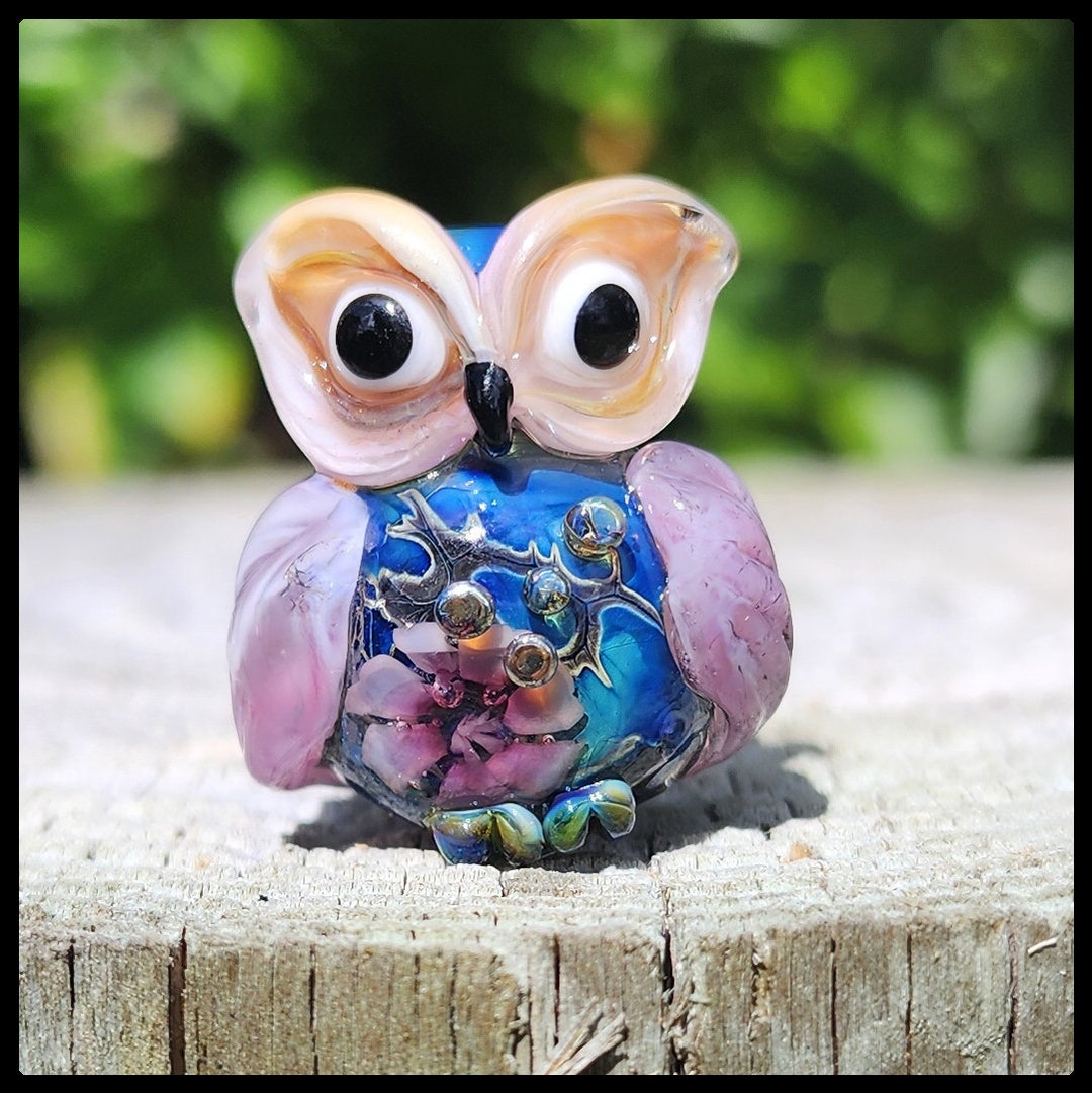 OWL : Lampwork Glass Fledgling With a Flower in the Belly and Etched ...