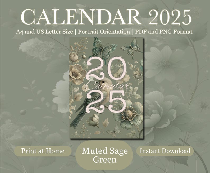 2025 Calendar Printable | Color of the Year | Muted Sage Green ...