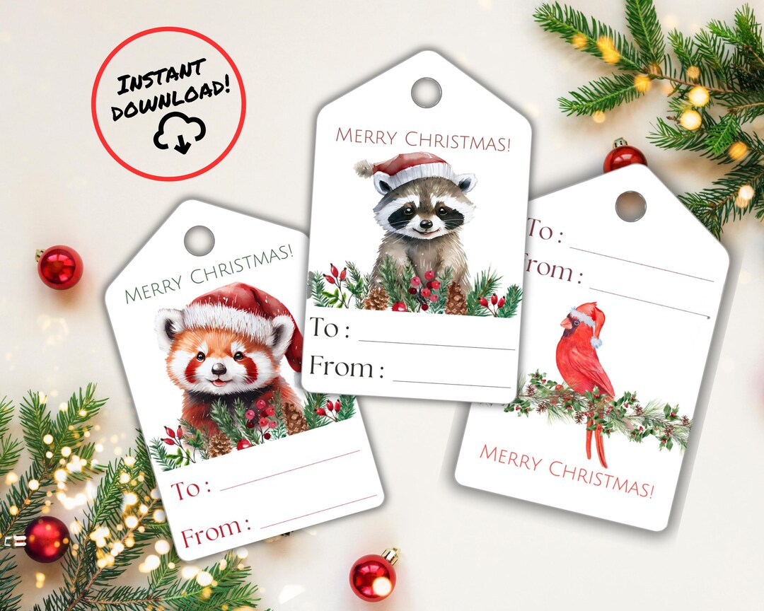Editable Christmas Gift Tags Printable Template With Cute Raccoon, Red ...