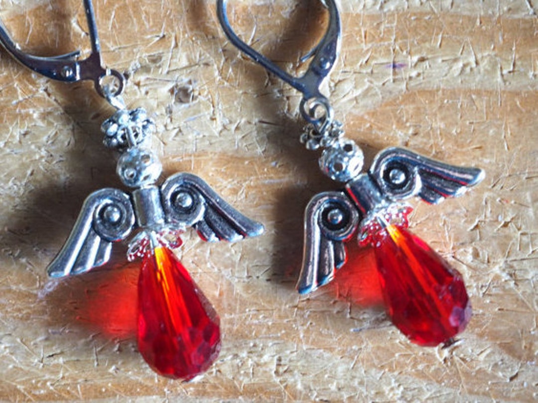 Red angel earrings, silver lever back drop earrings, Christmas earrings ...