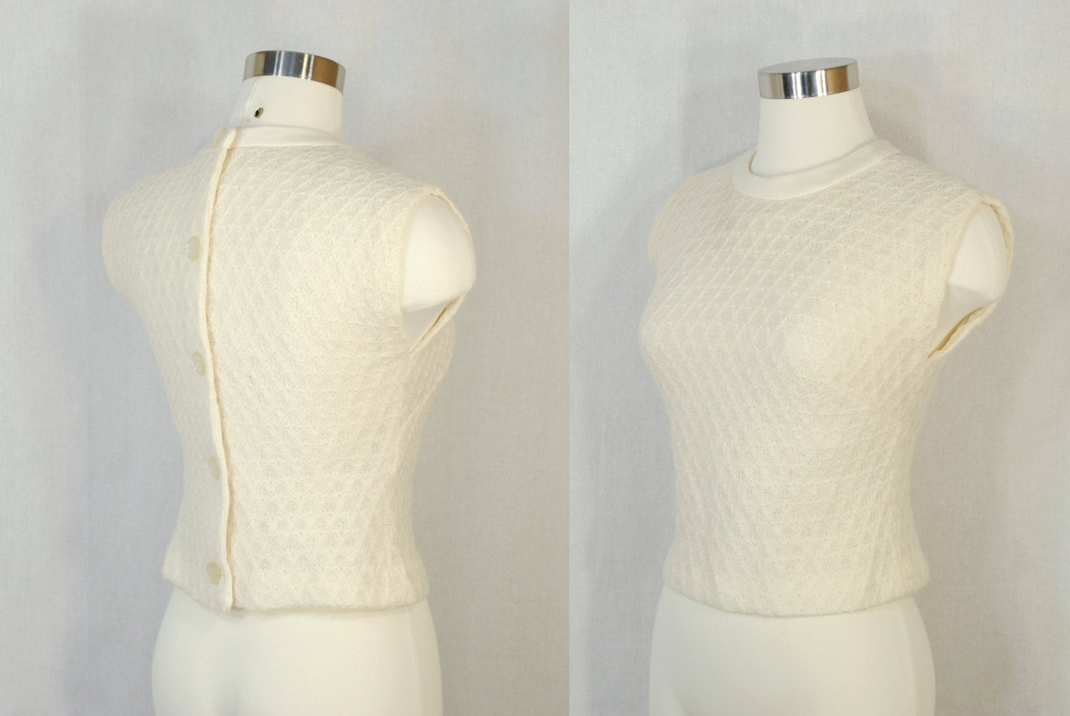1960s Back Button Sweater Wool Ivory Cream Faux Mother of Pearl Buttons ...