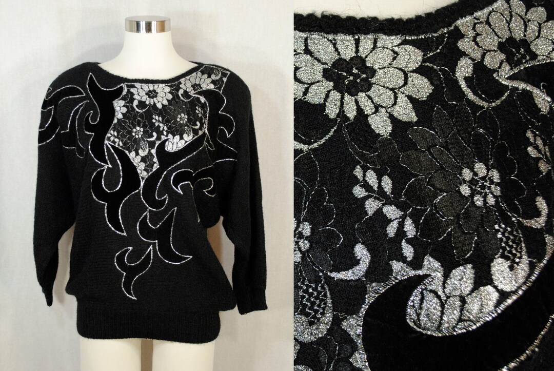 1980s Carducci Sweater 80s Lace Velvet Black Metallic - Etsy