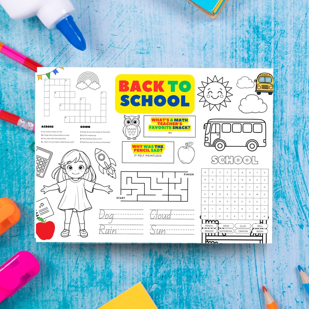 Back to School Placemat, Kids Activites, Event Planner, Crossword ...