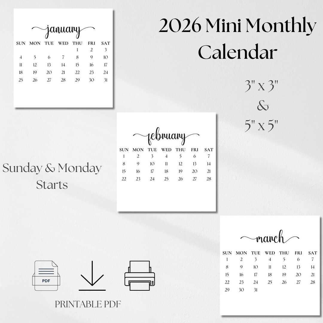 2026 Mini Monthly Calendar Printable | Small Desk Calendar 3x3 & 5x5 ...