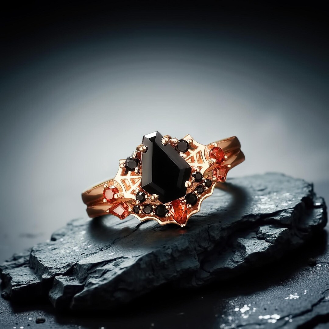 Black Onyx Spider Web Engagement Ring 14K Rose Gold, Coffin Cut Gothic ...