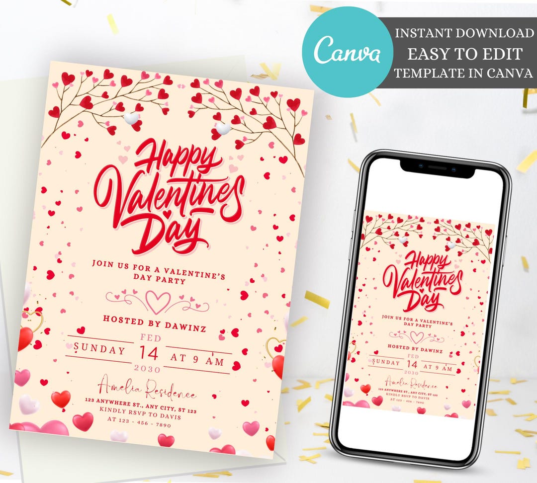 EDITABLE Valetine's Day Party Invitation Set Pink Red Heart, Happy ...
