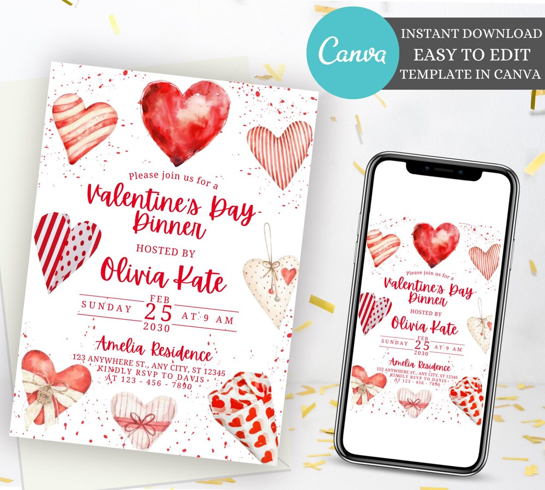Editable Valentine Day Party Invitation, Heart Couples Party Invitation ...