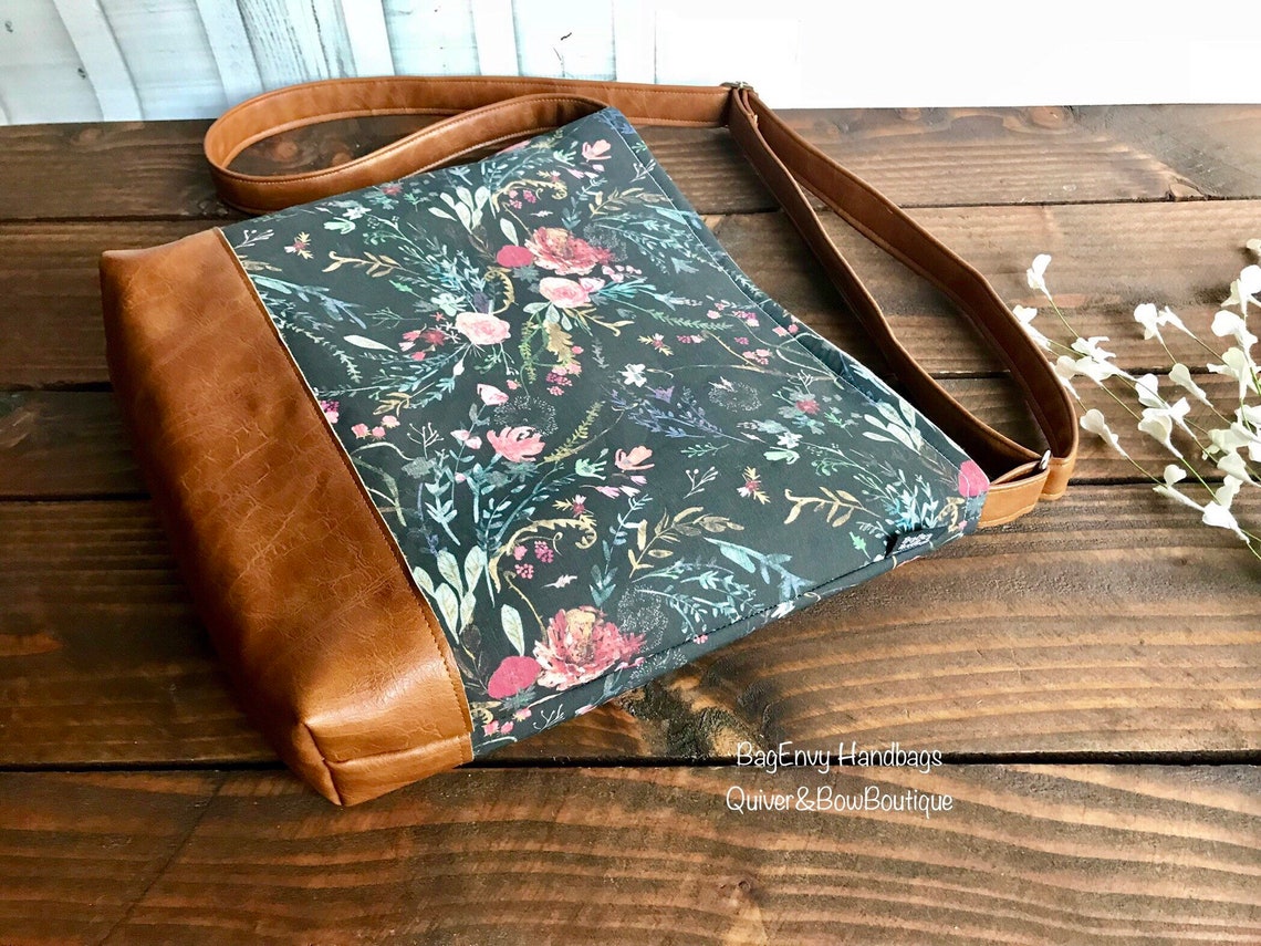 Messenger Slouchy Tote - Boho Floral in Midnight With Vegan Leather ...