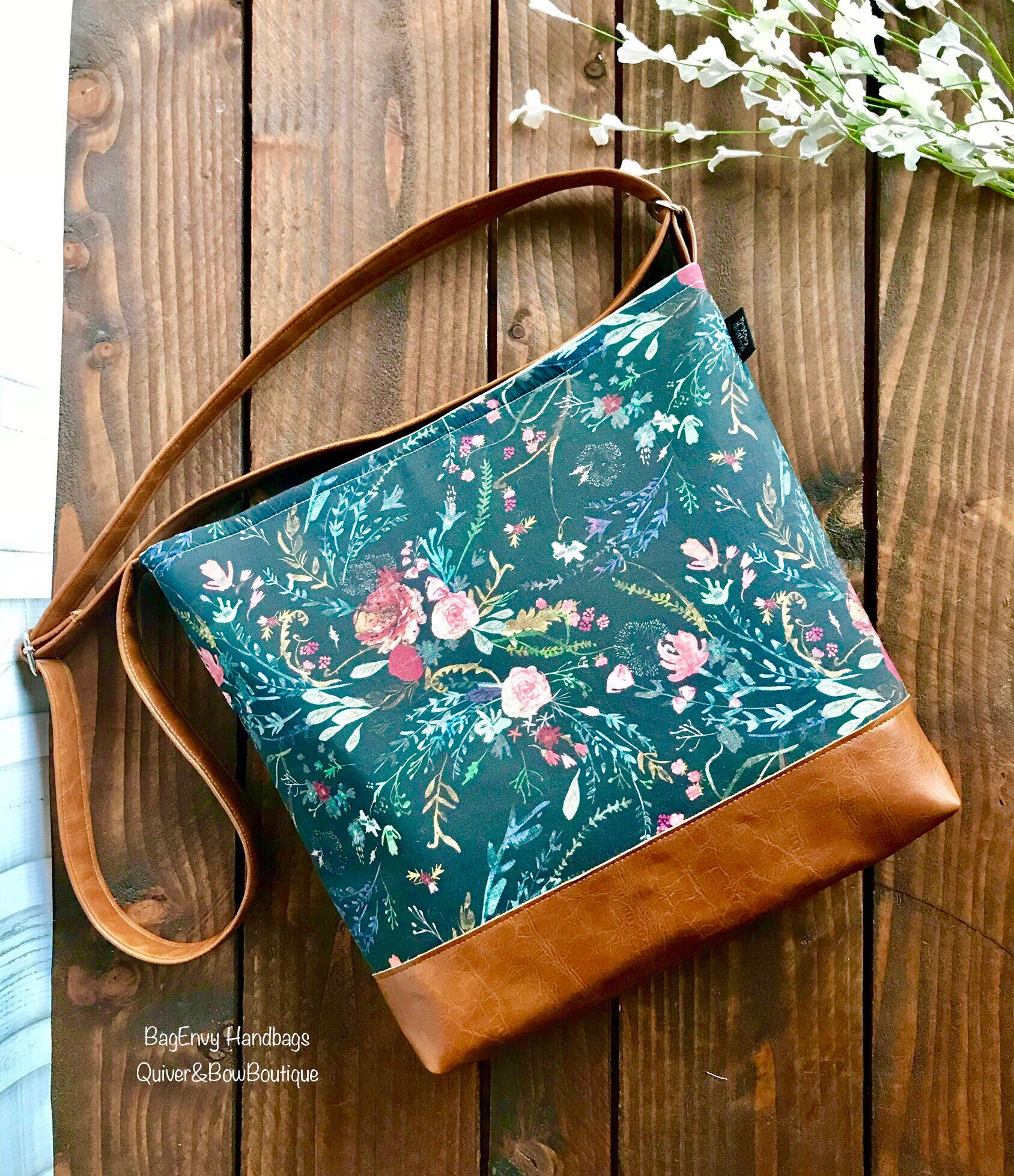Messenger Slouchy Tote - Boho Floral in Midnight With Vegan Leather ...