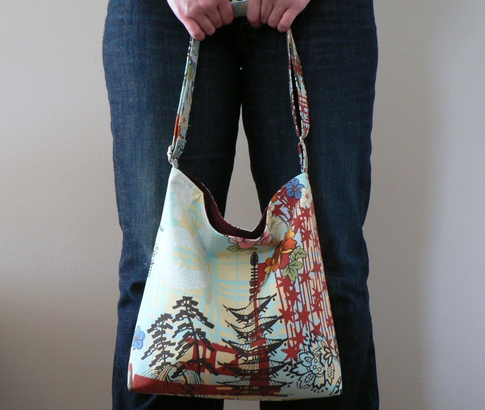 Messenger Slouchy Tote - Boho Floral in Midnight With Vegan Leather ...