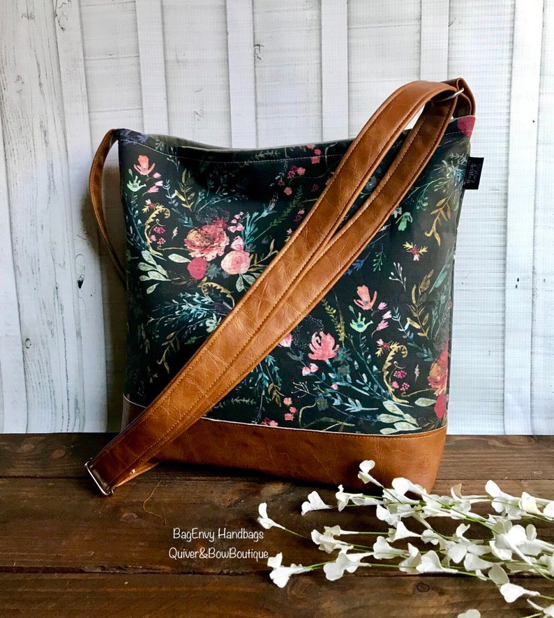 Messenger Slouchy Tote - Boho Floral in Midnight With Vegan Leather ...