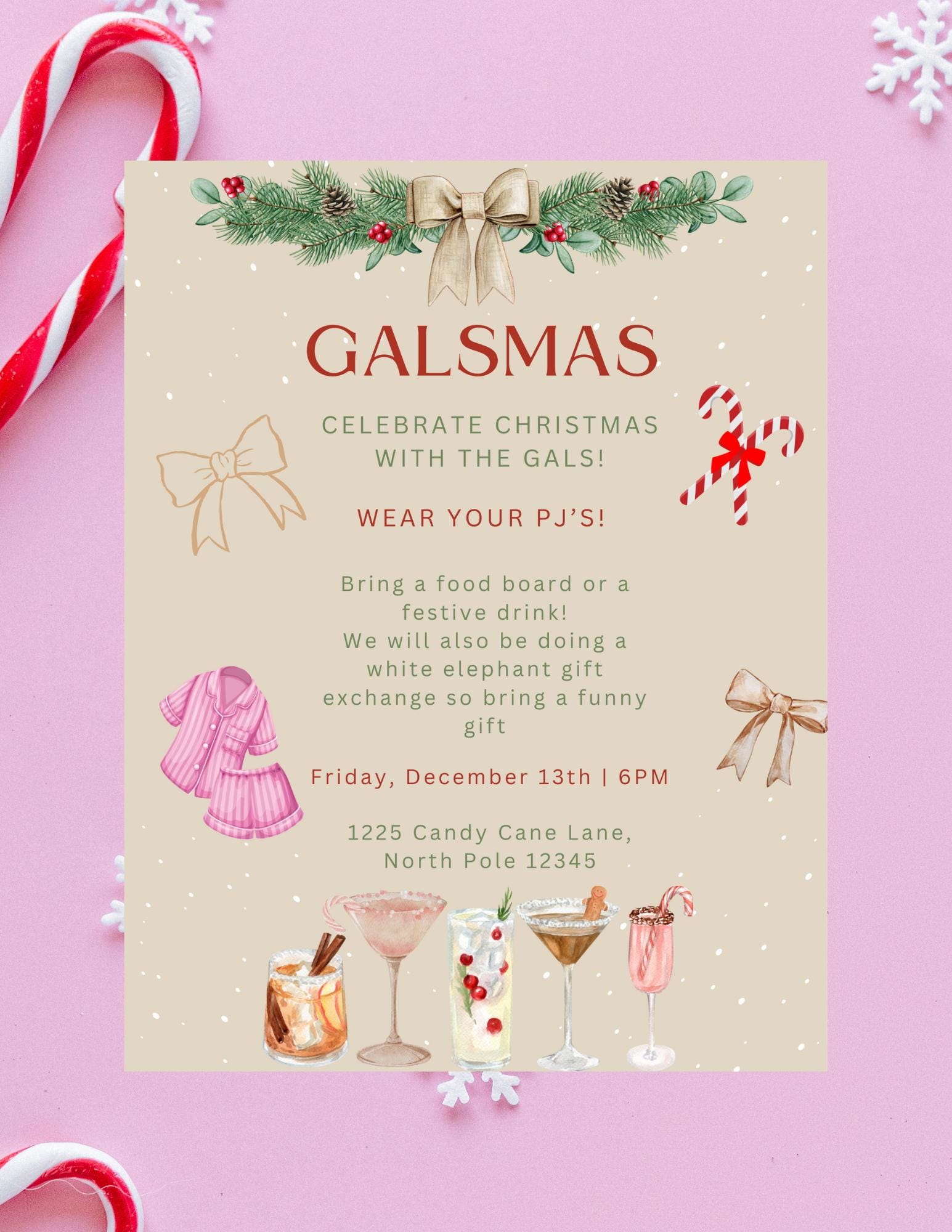 Instant Download Editable Galsmas Party Invitation | Girly | Bows ...