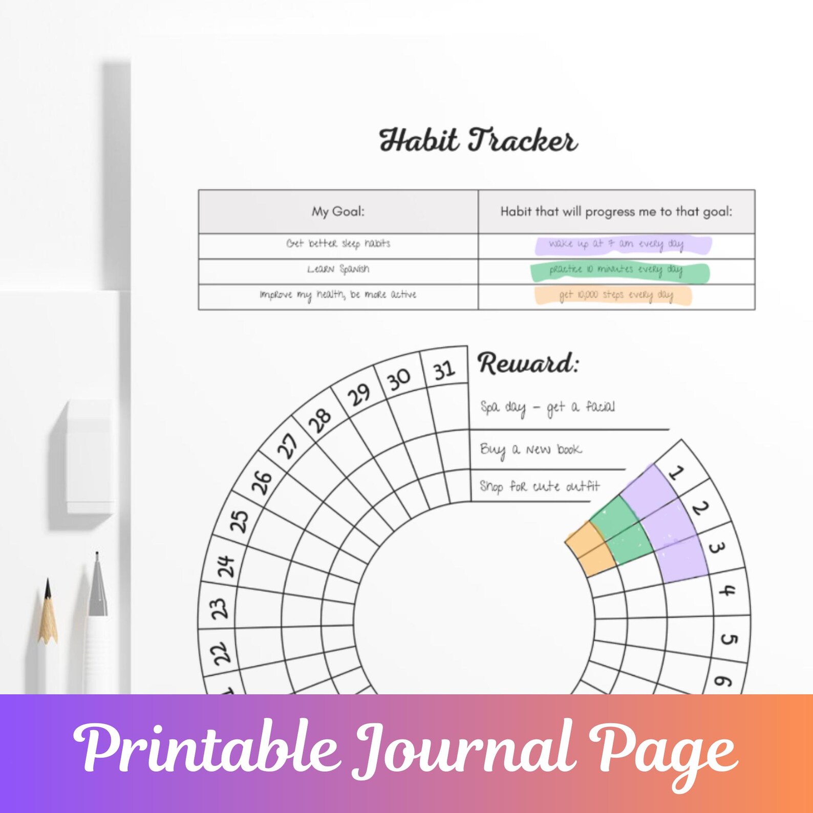 Habit Tracker Wheel With Rewards Journal Page Set Your Goals and Color ...
