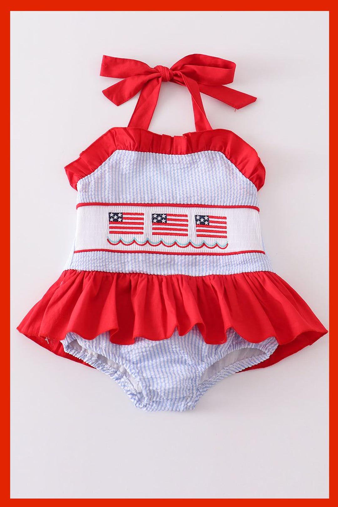 Abby & Evie Patriotic Flag Embroidery Smocked Seersucker One-piece Girl ...