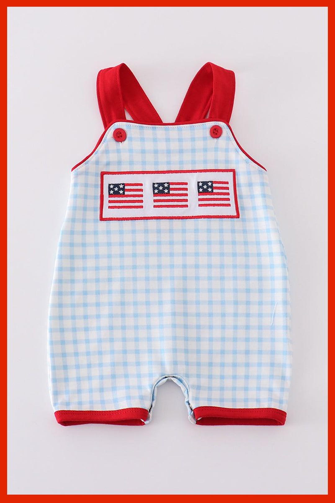 Abby & Evie Boy's Blue Flag Embroidery Gingham Jonjon - 4th of July ...