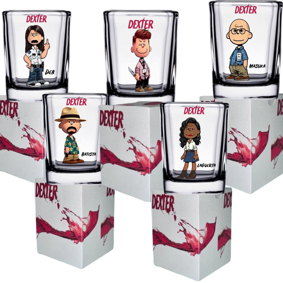 Set of 5 PEANUTS/TV Show DEXTER Themed Shot Glasses W/ Gift Boxes! - Etsy