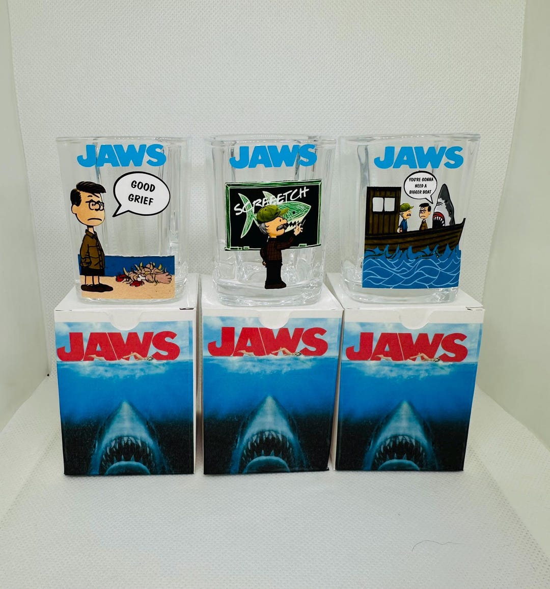 PEANUTS/ Movie JAWS Themed Shot Glasses W/ Gift Boxes! - Etsy