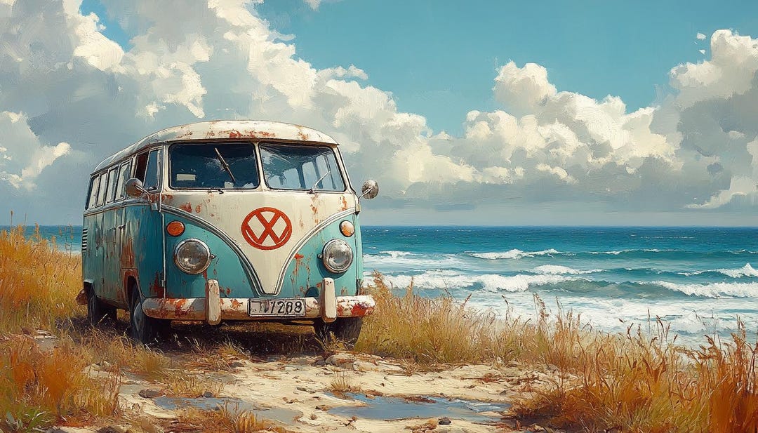 Blue VW Bus Oil Painting on Canvas - Original Landscape Art for Western ...