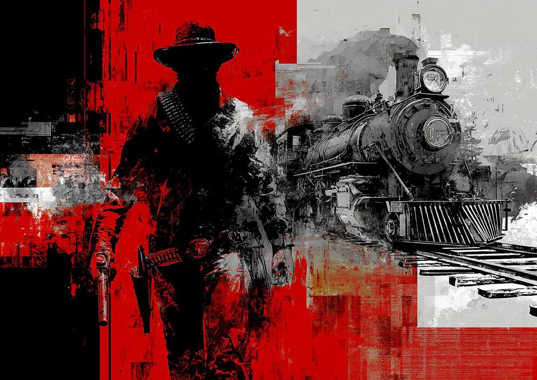 Cowboy Train Art – Western Oil Painting on Canvas – Rustic Red Black ...