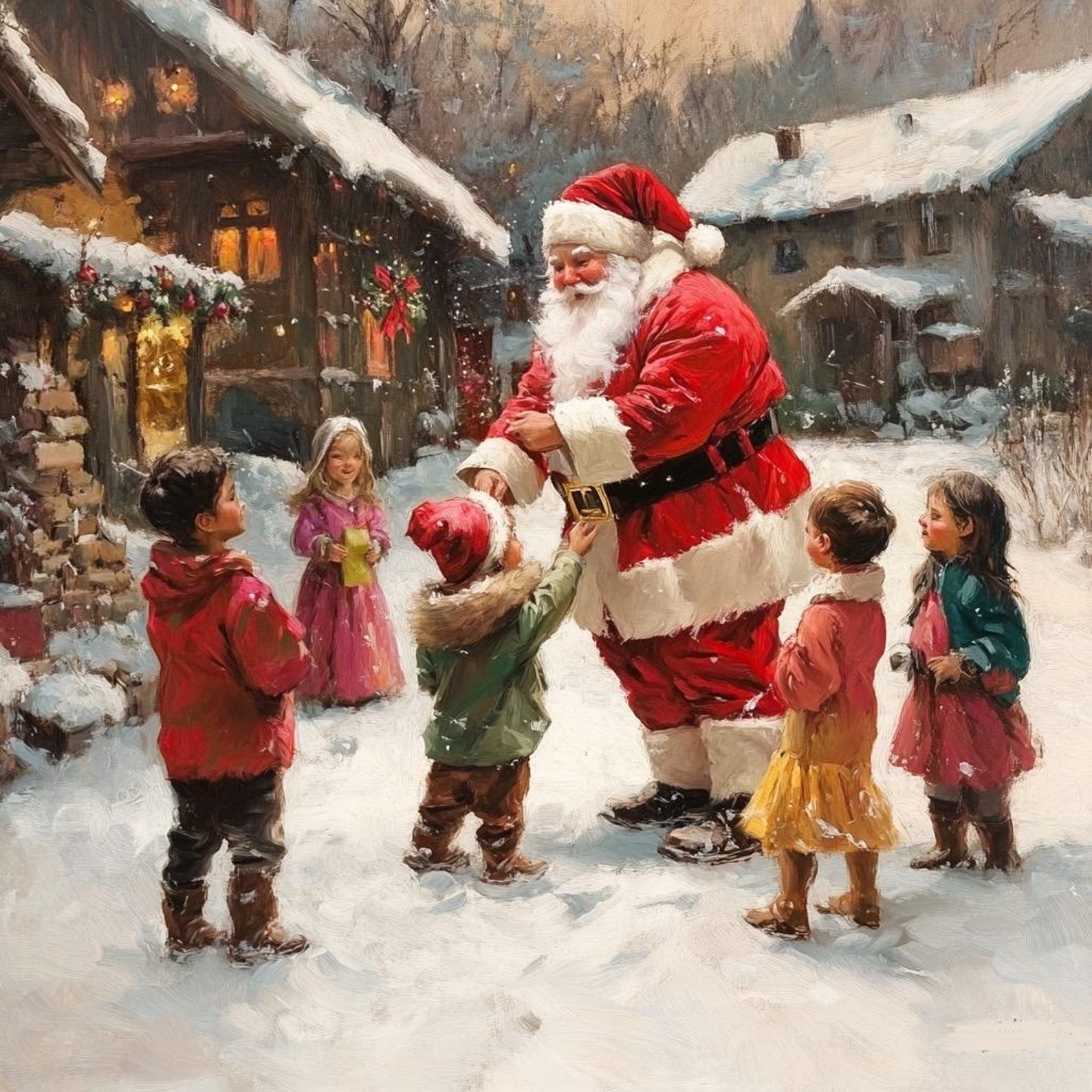 Santa With Kids Oil Painting on Canvas Christmas Home Decor Western Art ...