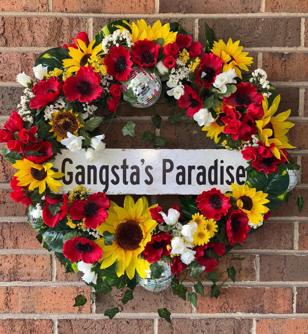 Gangsta's Paradise Wreath: Sunflower, Poppy & Disco Ball Door Decor - Etsy