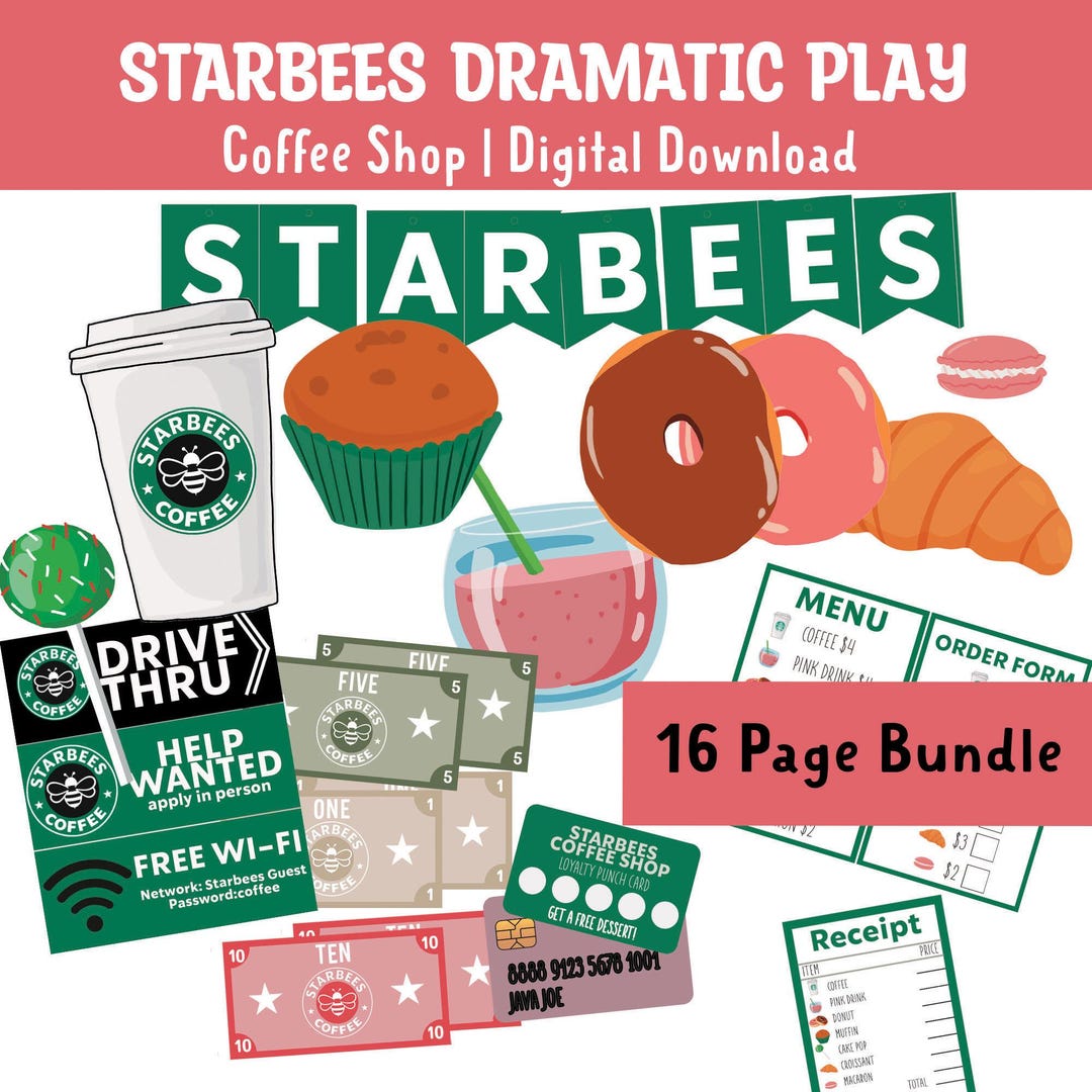 Starbees Coffee Shop Dramatic Play Printable, Cafe Pretend Play ...
