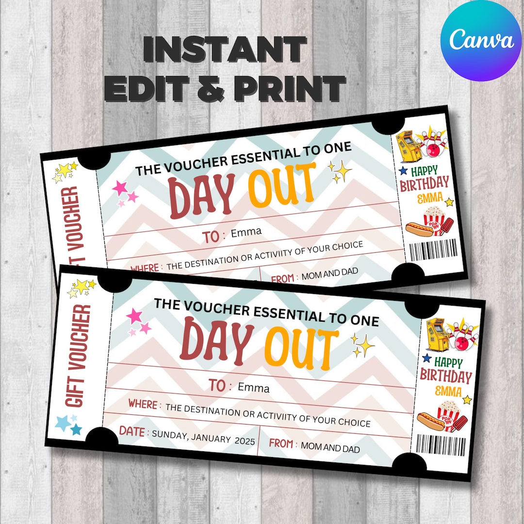 Birthday Day Out Voucher Template for Kids. Printable Day Out Ticket ...