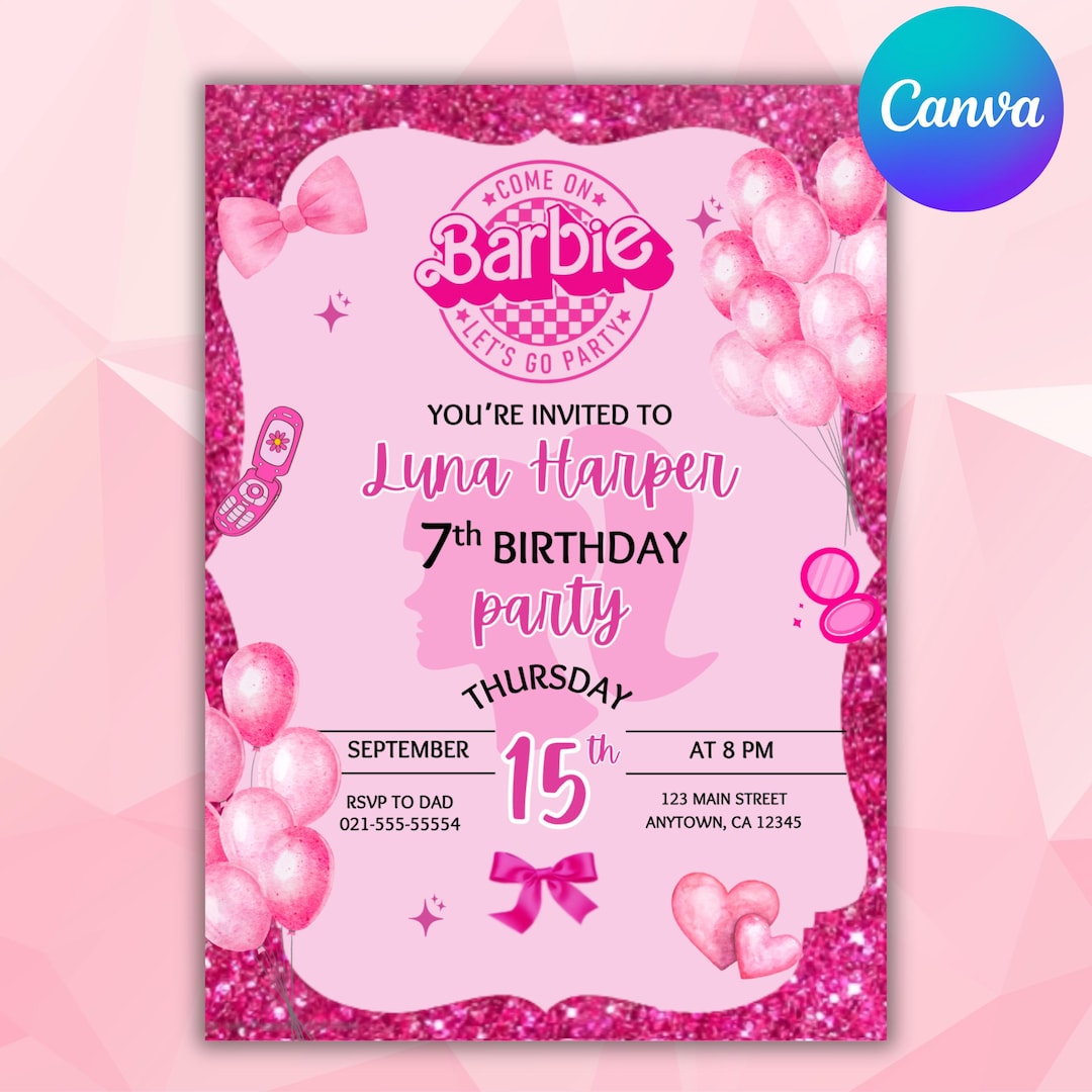 Editable Barbie Girl Party Invitation Fashion Doll Party Invite Girls ...