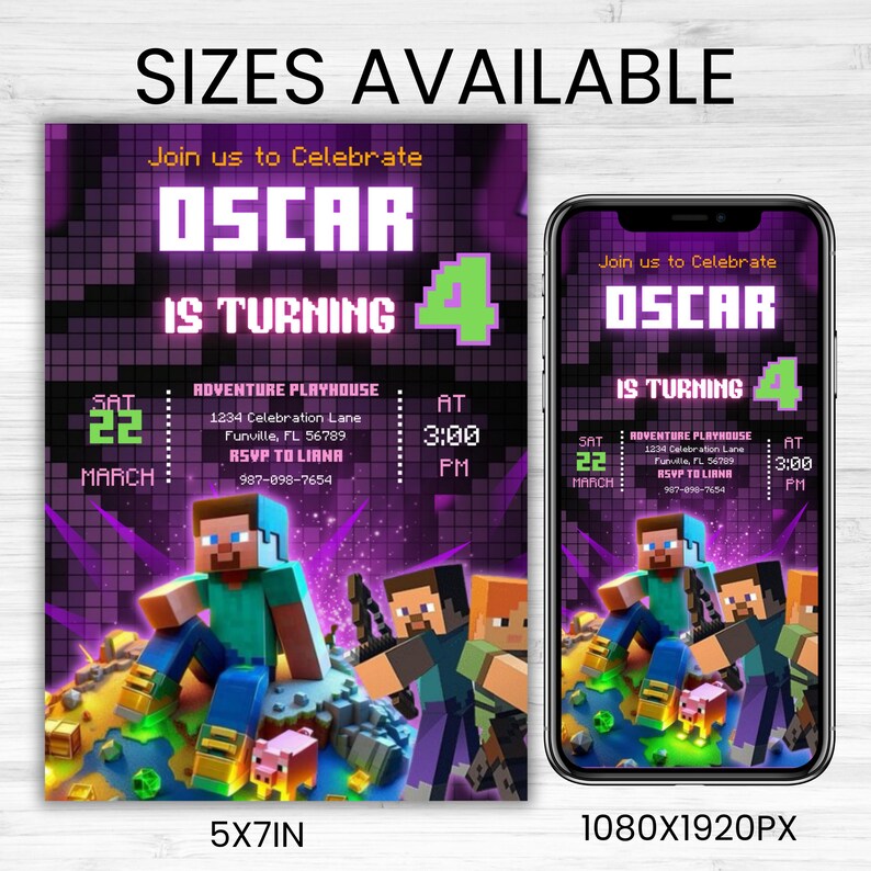 Editable Minecraft Birthday Invitation, Minecrafter Birthday ...