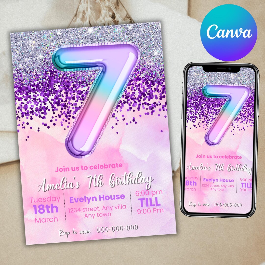 7th Birthday Invitation, Glitter Birthday Invitation, Rainbow Foil Girl ...