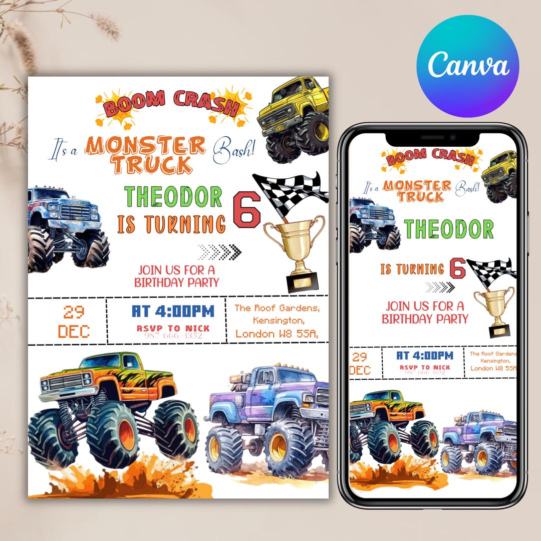 Monster Truck Birthday Invitation, Boom Crash It's A Monster Truck Bash ...