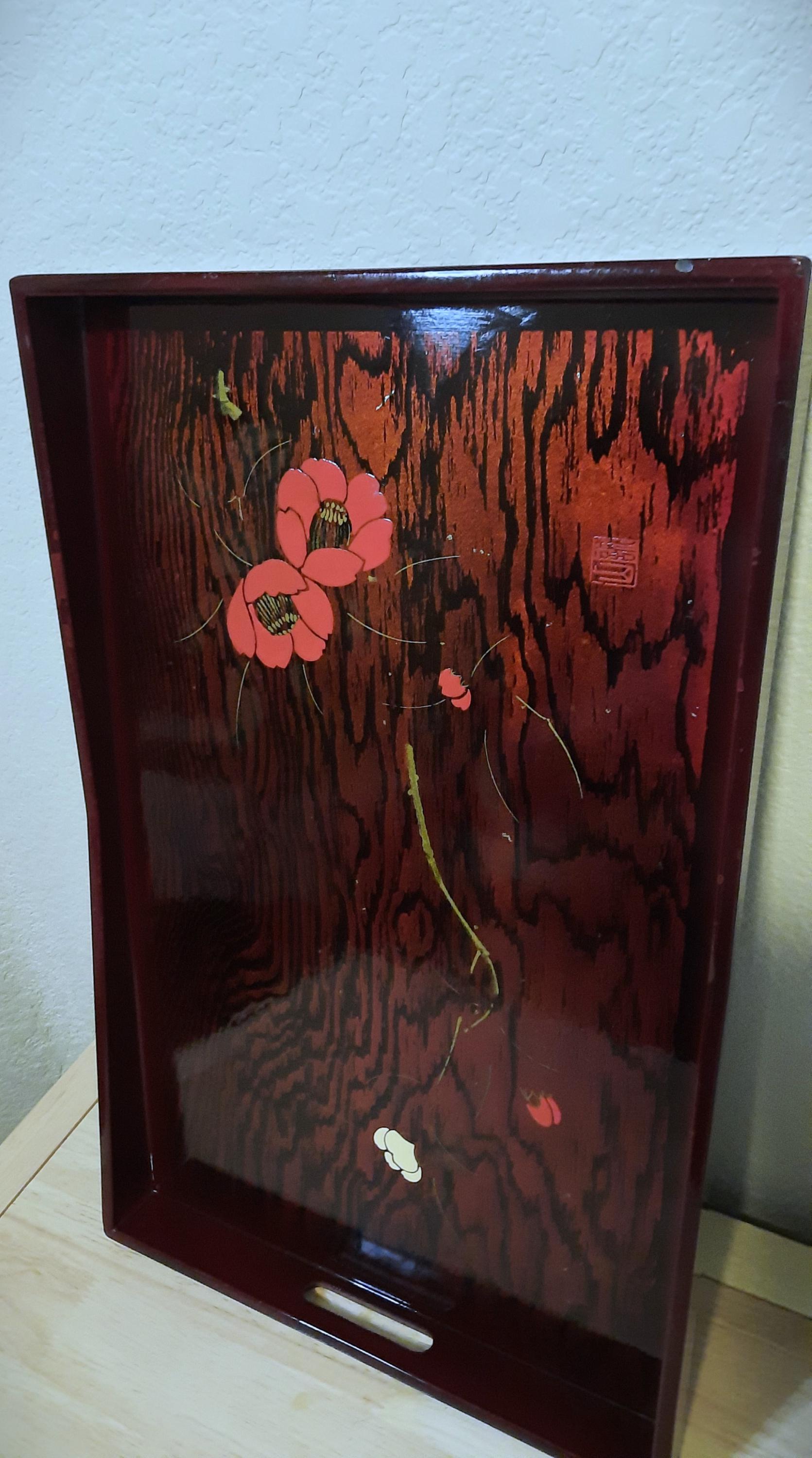 Restored Vintage Japanese Lacquer Tray With Camilla Blossoms and Gold ...