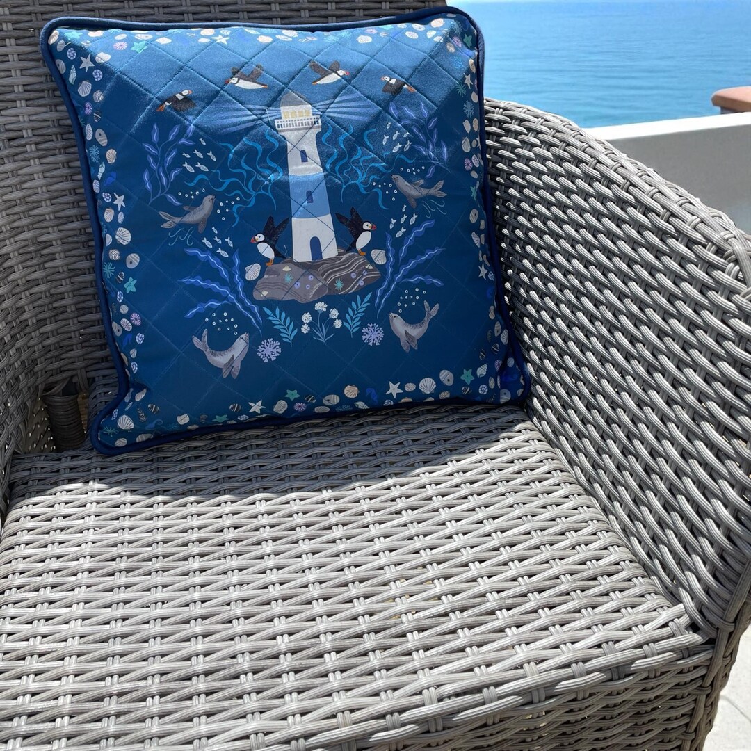 Blue Quilted Puffin/lighthouse Cushion With Zipper - Etsy